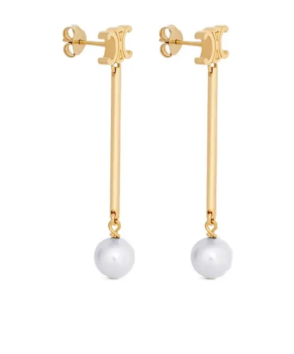 Celine Les Perles Straight Earrings In Resin Pearls And Brass With Gold Finish - Yellow