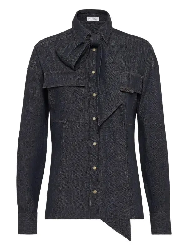 Brunello Cucinelli Lightweight Denim Pussybow Shirt - Blue