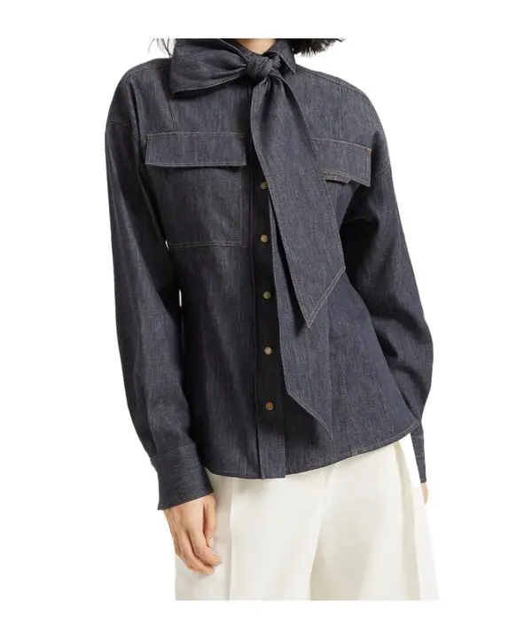 Brunello Cucinelli Lightweight Denim Pussybow Shirt - Blue