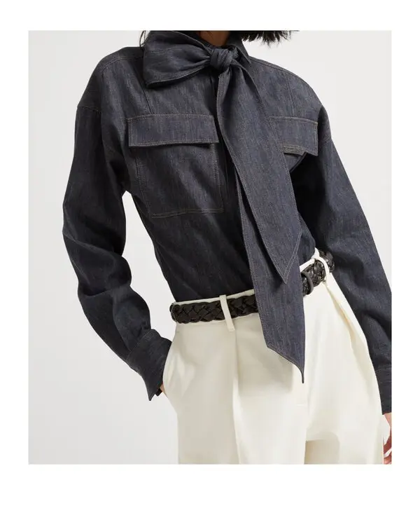 Brunello Cucinelli Lightweight Denim Pussybow Shirt - Blue