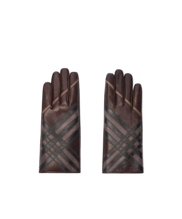 Burberry Check Intarsia Leather Gloves - Truffle Brown