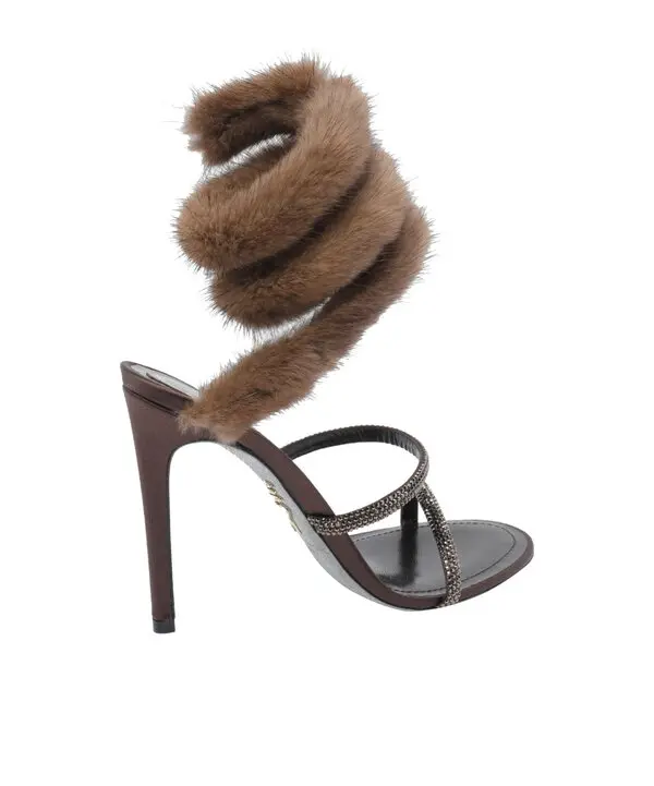 Rene Caovilla Heeled Sandals With Mink Spiral Detailing - Brown
