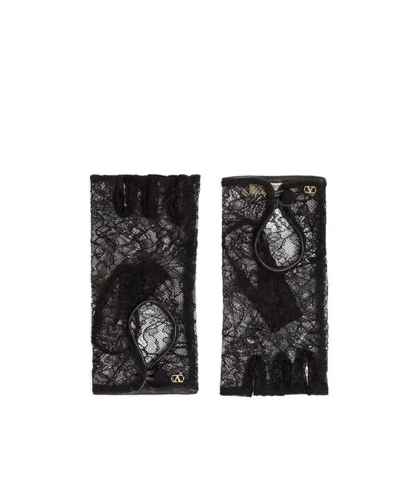 Valentino Garavani Vlogo Signature Biker Gloves In Lace And Leather - Black