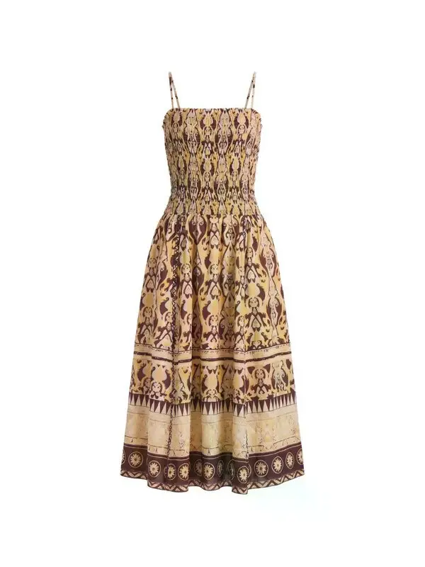 MARIA CHER Abstract Print Smocked Midi Dress - Neutrals