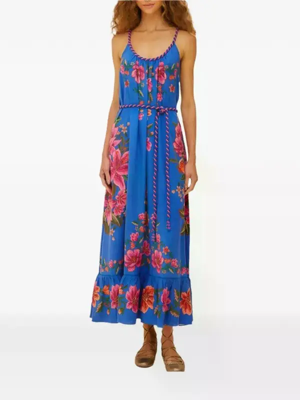 Farm Rio Floral Print Maxi Dress With Rope Detail - Blue