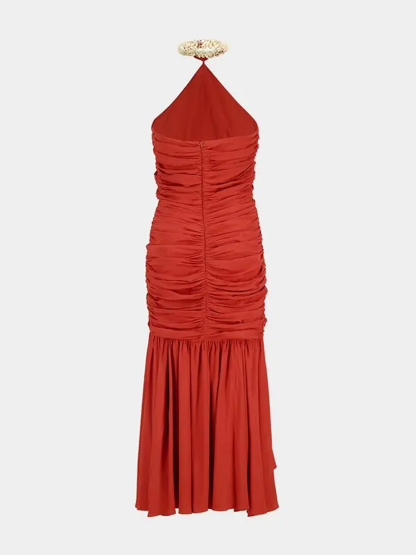 Balmain Halterneck Shell Embellished Ruched Midi Dress