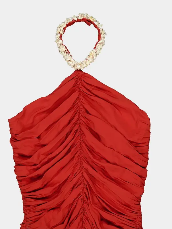 Balmain Halterneck Shell Embellished Ruched Midi Dress