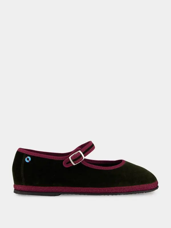 PIEDATERRE Loden Velvet Mary Jane Flats With Wine Grosgrain Trim - Green