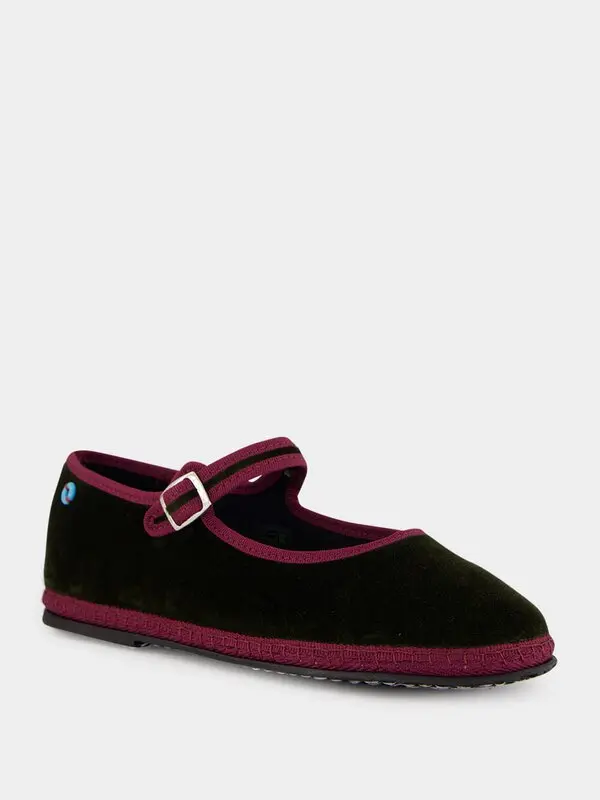 PIEDATERRE Loden Velvet Mary Jane Flats With Wine Grosgrain Trim