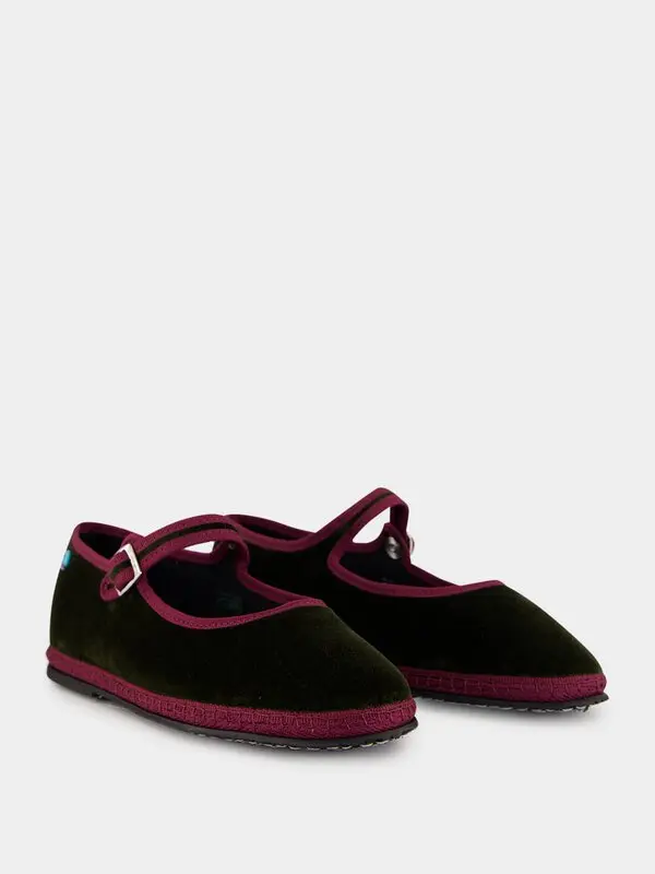 PIEDATERRE Loden Velvet Mary Jane Flats With Wine Grosgrain Trim