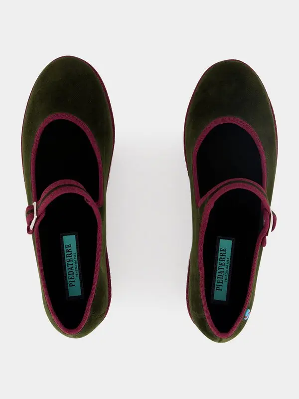 PIEDATERRE Loden Velvet Mary Jane Flats With Wine Grosgrain Trim