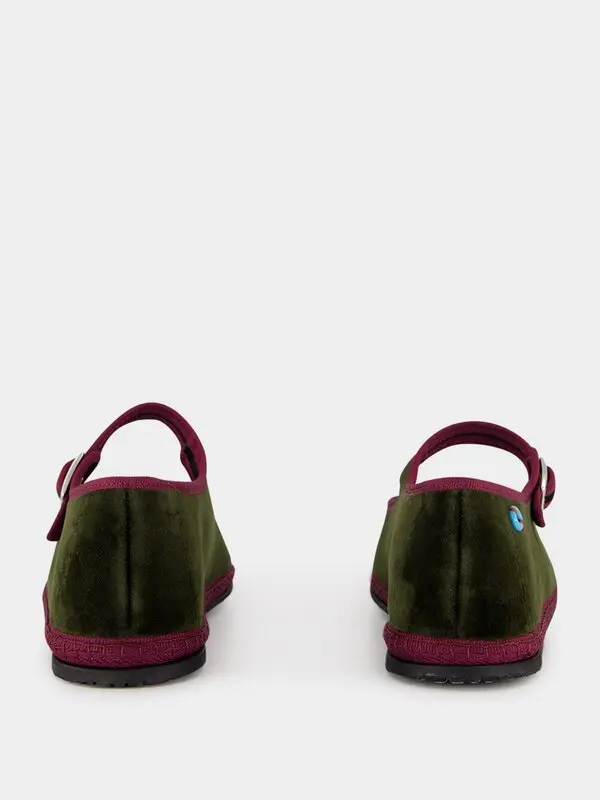 PIEDATERRE Loden Velvet Mary Jane Flats With Wine Grosgrain Trim