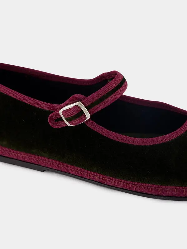 PIEDATERRE Loden Velvet Mary Jane Flats With Wine Grosgrain Trim