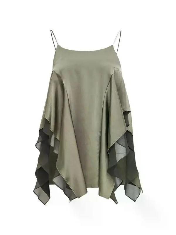 YCH Khaki Satin Ruffled Spaghetti-strap Top - Green