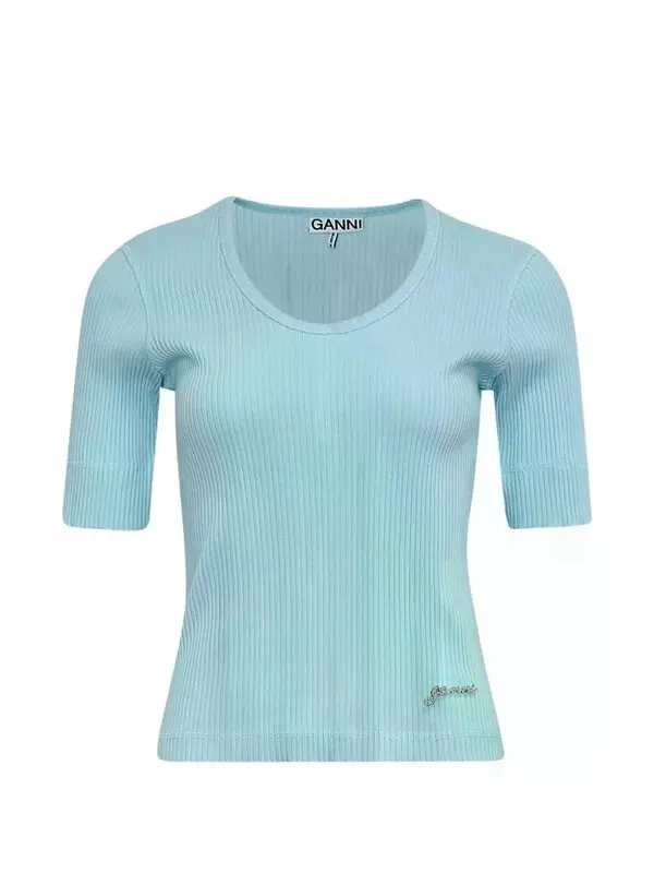 GANNI Ribbed Logo Embellished T-shirt - Blue