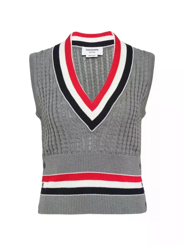 Thom Browne Cable Knit Cotton Vest With Striped Trim - Grey
