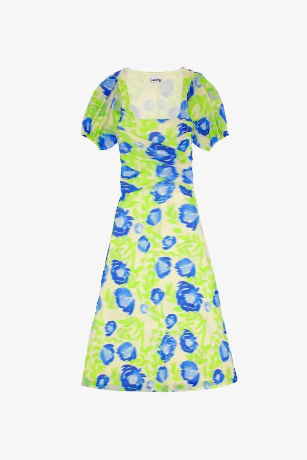 GANNI Printed Mesh Puff Sleeve Midi Dress - Blue