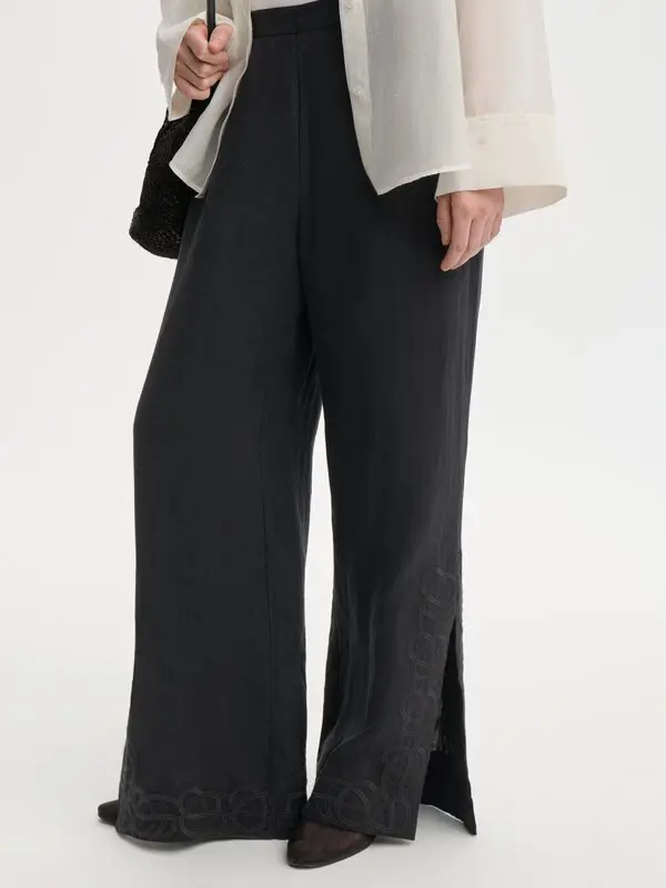 BY MALENE BIRGER Michelle Wide-leg Linen Trousers With Embroidered Side Slits - Black