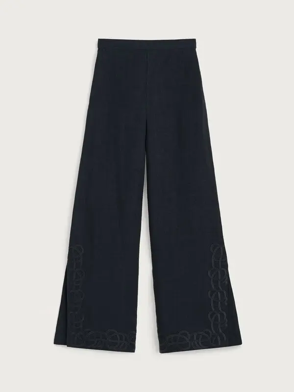BY MALENE BIRGER Michelle Wide-leg Linen Trousers With Embroidered Side Slits - Black