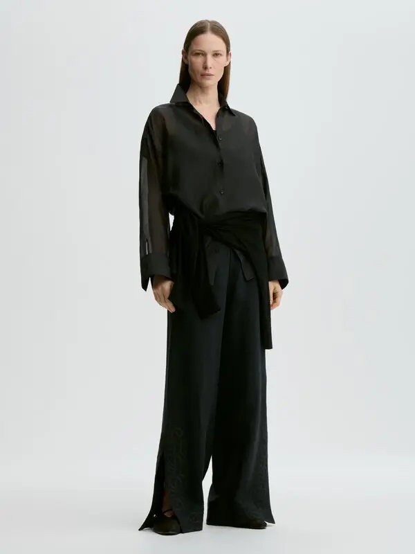 BY MALENE BIRGER Michelle Wide-leg Linen Trousers With Embroidered Side Slits - Black
