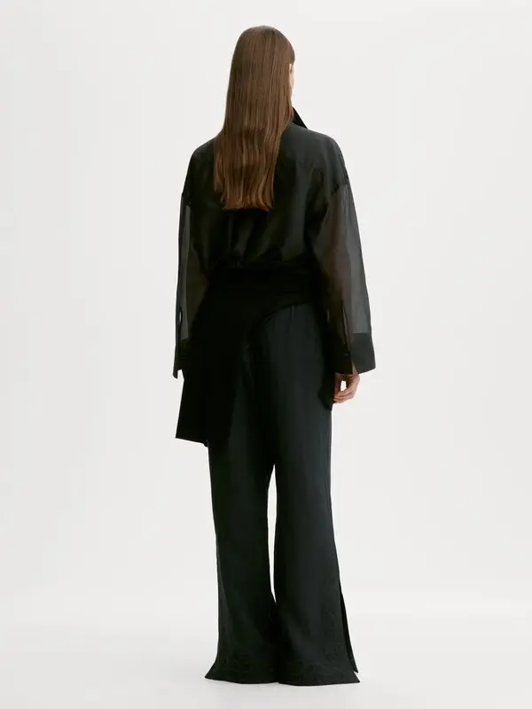 BY MALENE BIRGER Michelle Wide-leg Linen Trousers With Embroidered Side Slits - Black