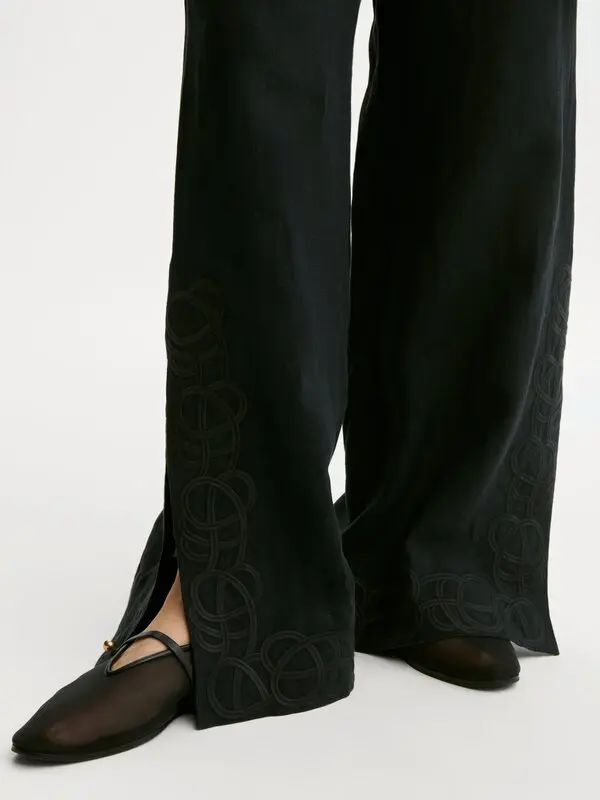 BY MALENE BIRGER Michelle Wide-leg Linen Trousers With Embroidered Side Slits - Black