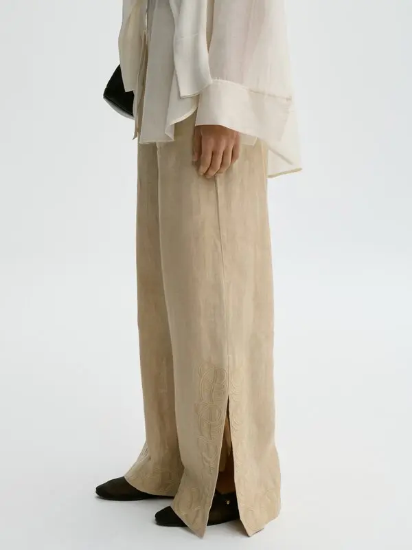 BY MALENE BIRGER Michelle Wide Leg Linen Trousers With Embroidery - Old Beige