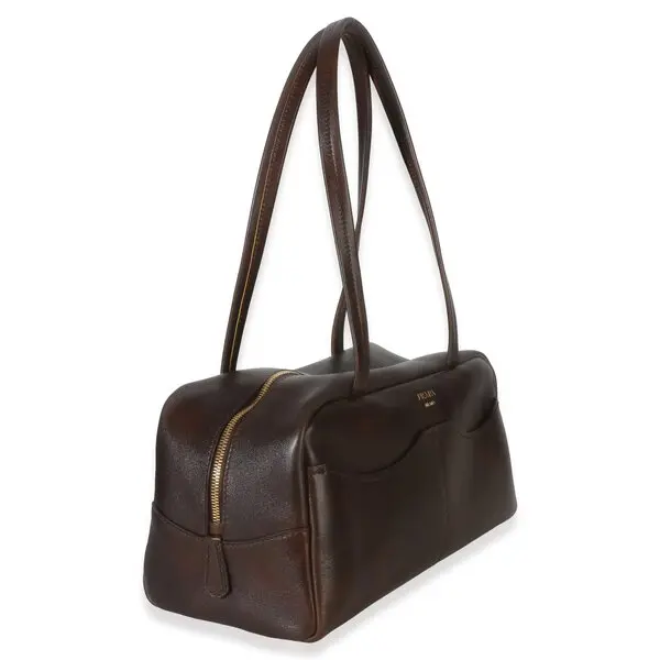 Prada Antiqued Calfskin Carry Shoulder Bag - Brown
