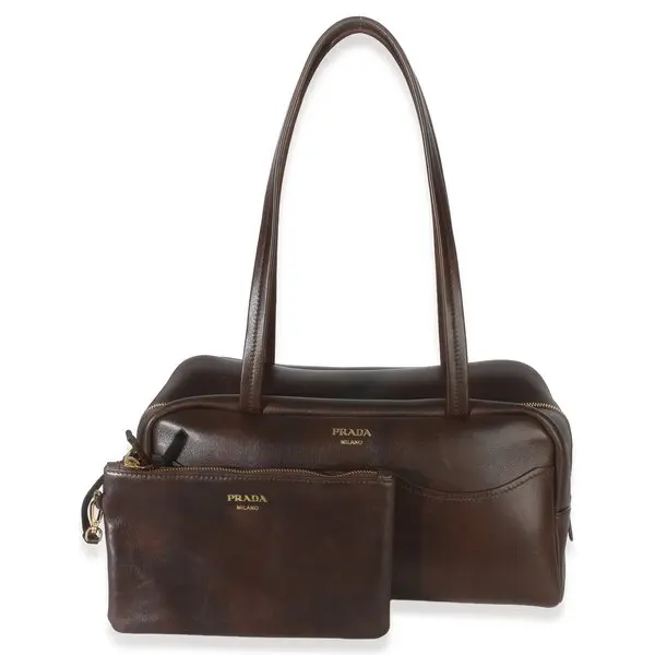 Prada Antiqued Calfskin Carry Shoulder Bag - Brown