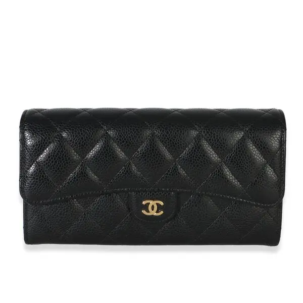 Chanel Quilted Caviar Large Gusset Flap Wallet - Black