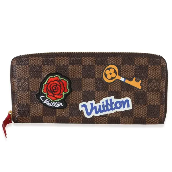 LOUIS VUITTON Red Damier Ebene Canvas Patches Clemence Wallet - Brown