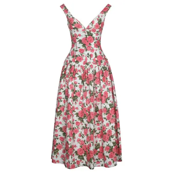 MISS CIRCLE NEW YORK Wilfreda Floral Linen Sweetheart Midi Dress - Pink
