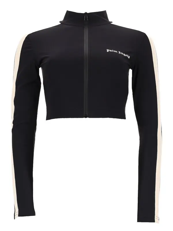 Palm Angels Cropped Track Jacket With Logo And Stripes - Black