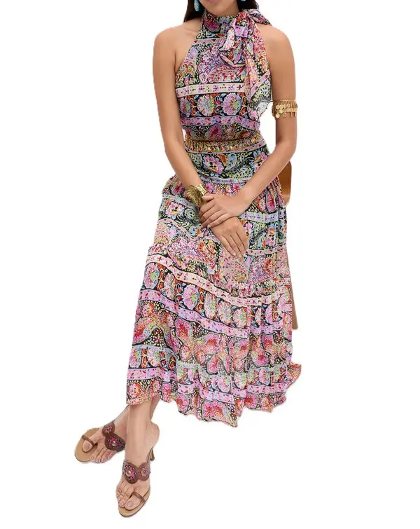 Rixo Sleeveless Printed Midi Dress With Scarf Neckline And Corset