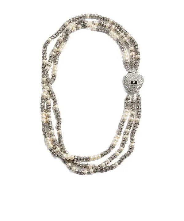 Valentino Garavani Coeur Royal Necklace In Metal, Enamel, Pearls, And Crystals - Vintage Palladium/black/crystal Silver/cream