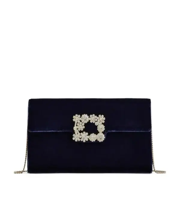 ROGER VIVIER Flower Strass Buckle Clutch Bag In Velvet - Black