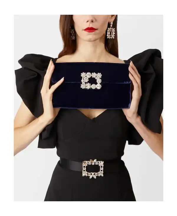 ROGER VIVIER Flower Strass Buckle Clutch Bag In Velvet - Black