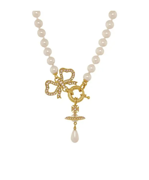VIVIENNE WESTWOOD Rigoberta Pearl Necklace With Crystal Embellished Bow And Orb Pendant - Gold/vintage Rose Crystal/creamrose Pearl