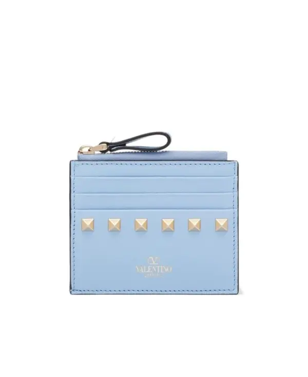 Valentino Garavani Rockstud Calfskin Cardholder With Zip - Blue