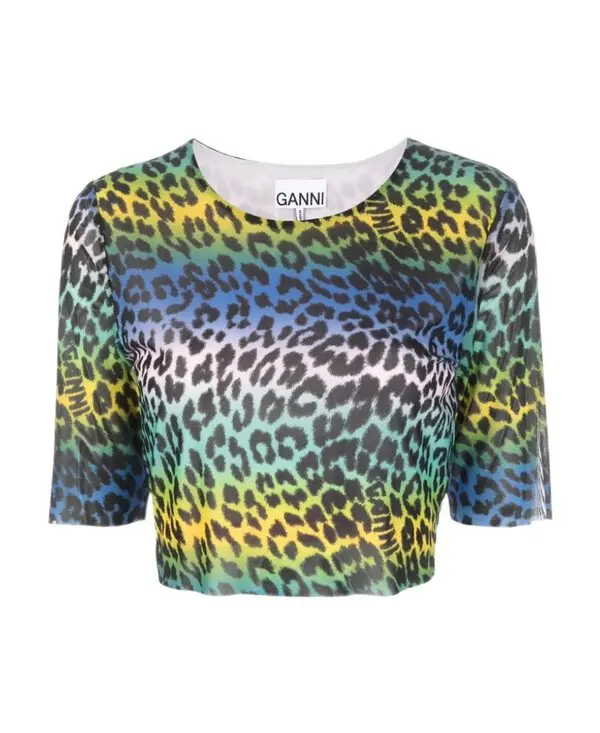 GANNI Leopard-printed Crewneck Cropped T-shirt