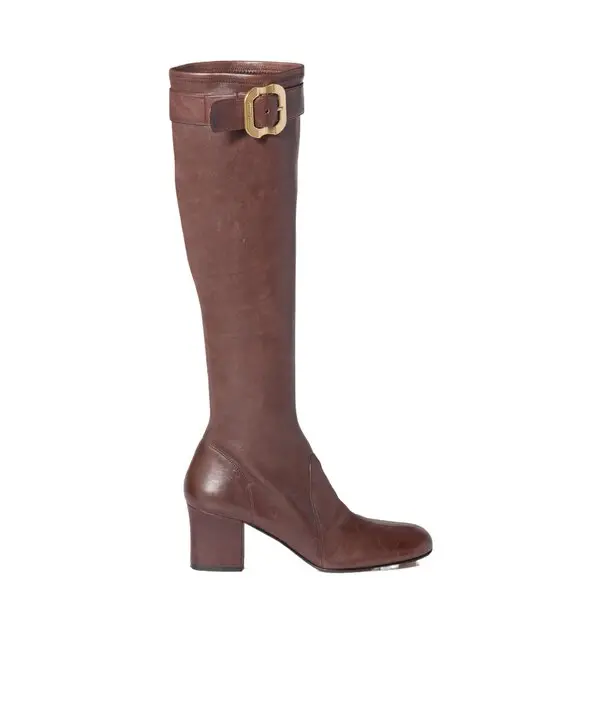 Miu Miu Knee High Boots With Block Heel And Logo Buckle