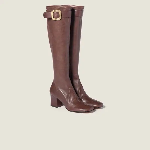 Miu Miu Knee High Boots With Block Heel And Logo Buckle