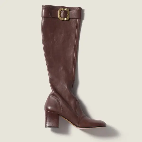 Miu Miu Knee High Boots With Block Heel And Logo Buckle