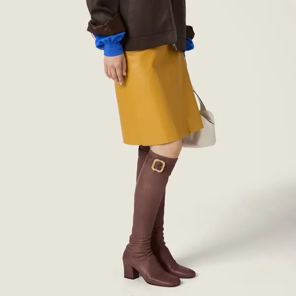 Miu Miu Knee High Boots With Block Heel And Logo Buckle