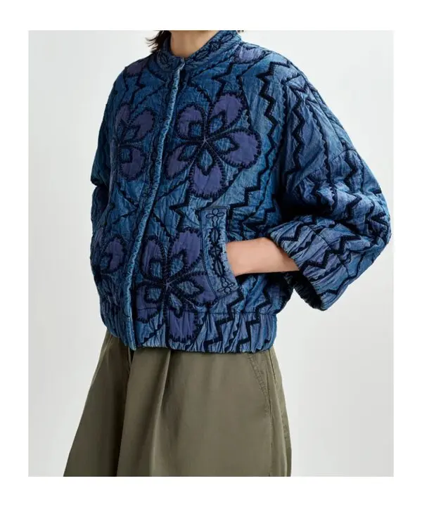 Essentiel Antwerp Quilted Embroidered Short Denim Jacket