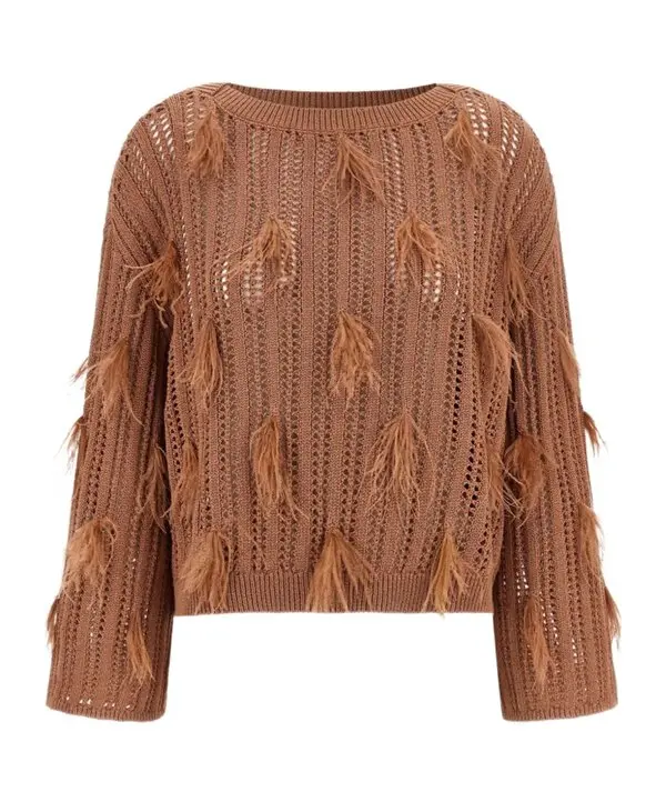 TWINSET Openwork Knit Sweater With Feather Embellishments