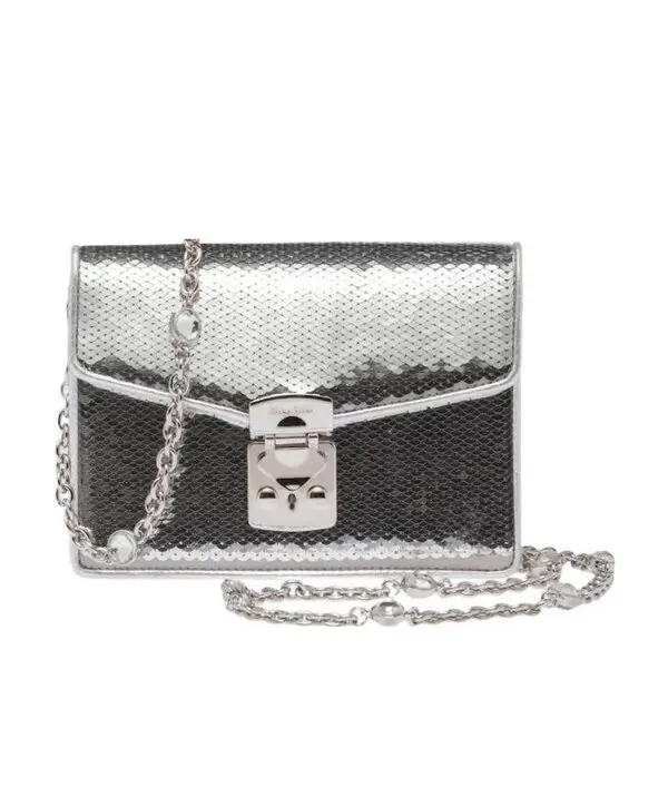Miu Miu Sequin Embellished Leather Bag With Crystal Chain Strap