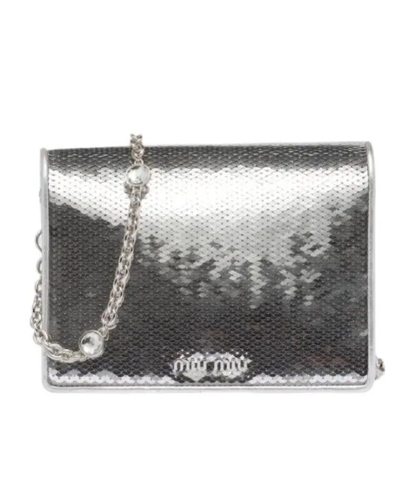 Miu Miu Sequin Embellished Leather Bag With Crystal Chain Strap