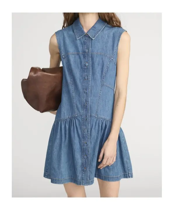 FRAME Sleeveless Denim Dress With Pleated Skirt