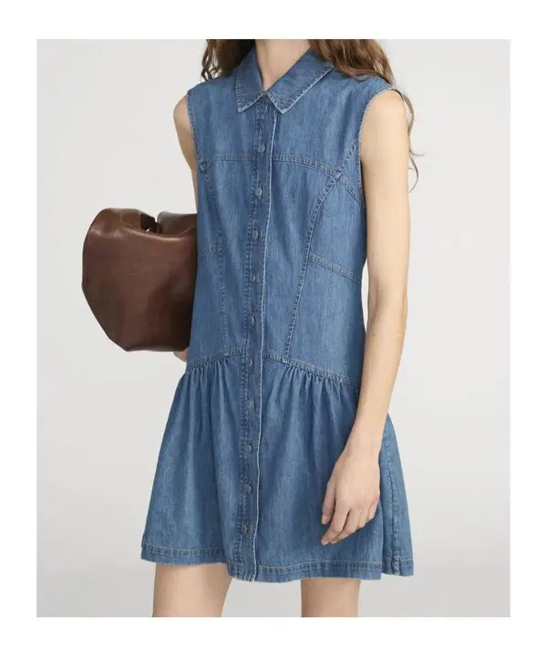 FRAME Sleeveless Denim Dress With Pleated Skirt